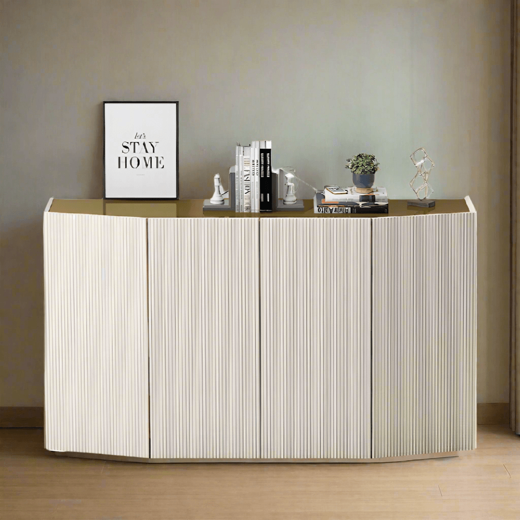 Levon Sideboard with Mirror Top – Cream Fluted Cabinet for Modern Living – Megafurniture