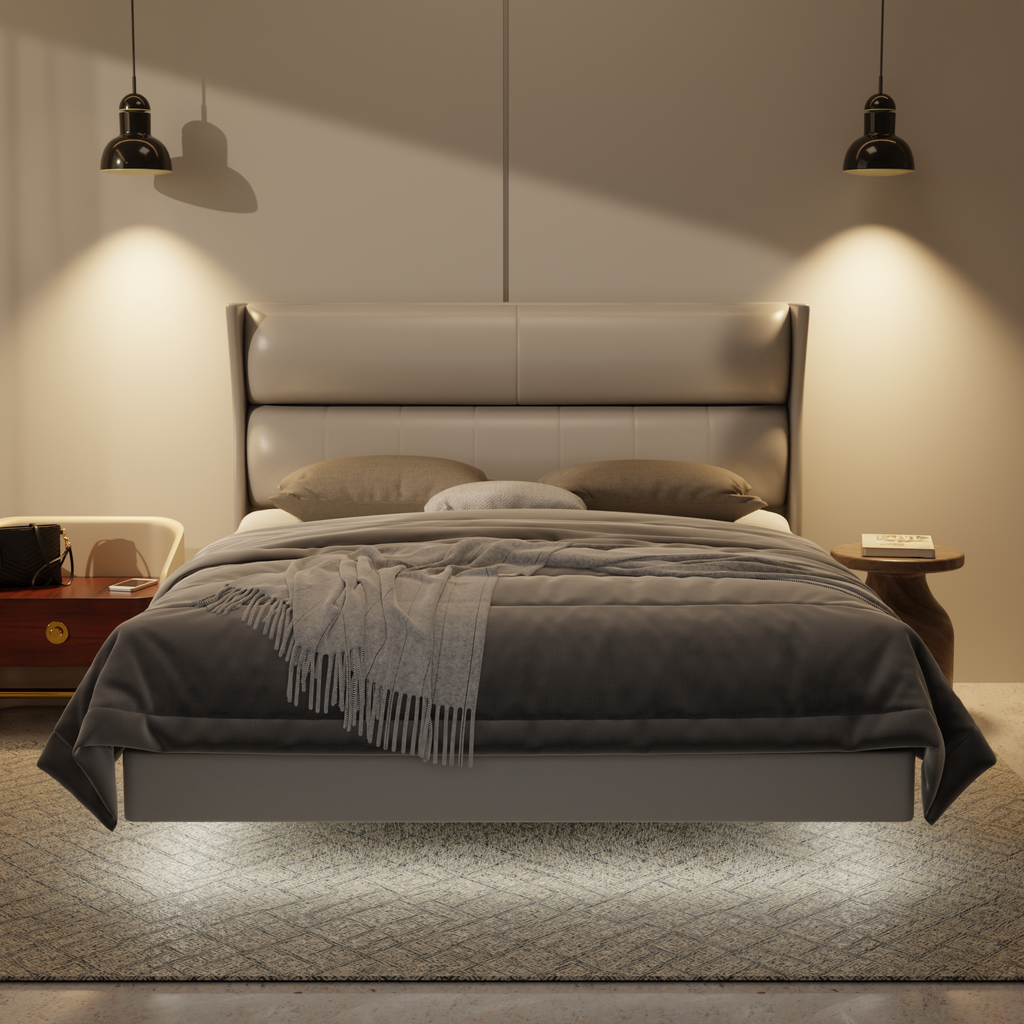 Kimble Genuine Leather Floating Bed Frame (With LED) by Esteller ...