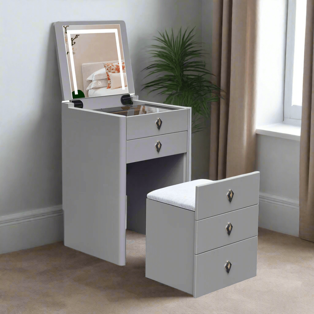 Aquina Light Grey Dressing Table with Dressing Stool – Megafurniture