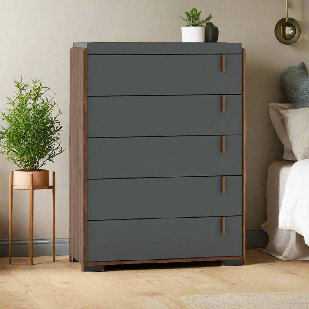 Britton Chest of Drawers – 5-Tier Storage in Dark Grey with Wooden ...