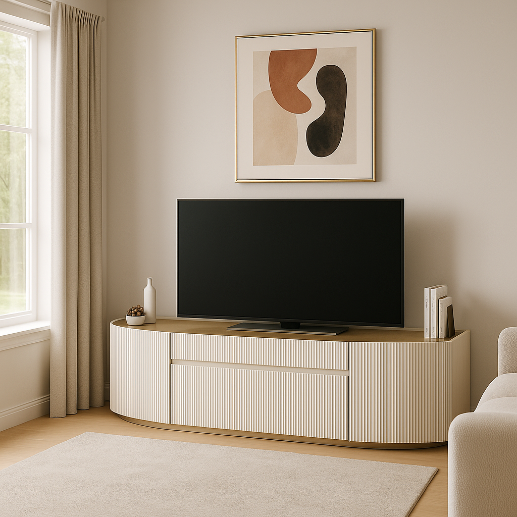 Levon TV Console with Mirror Top – Cream Fluted Design with Concealed ...