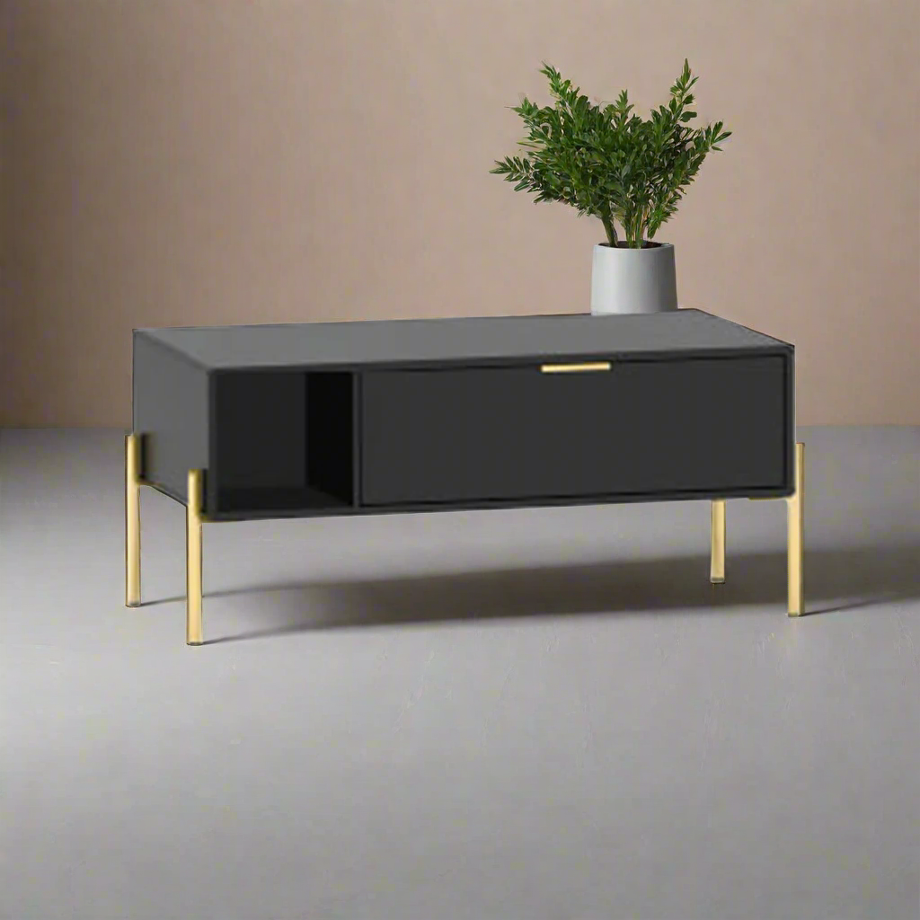 Nesta Black Coffee Table with Storage & Gold Legs - 106cm ...