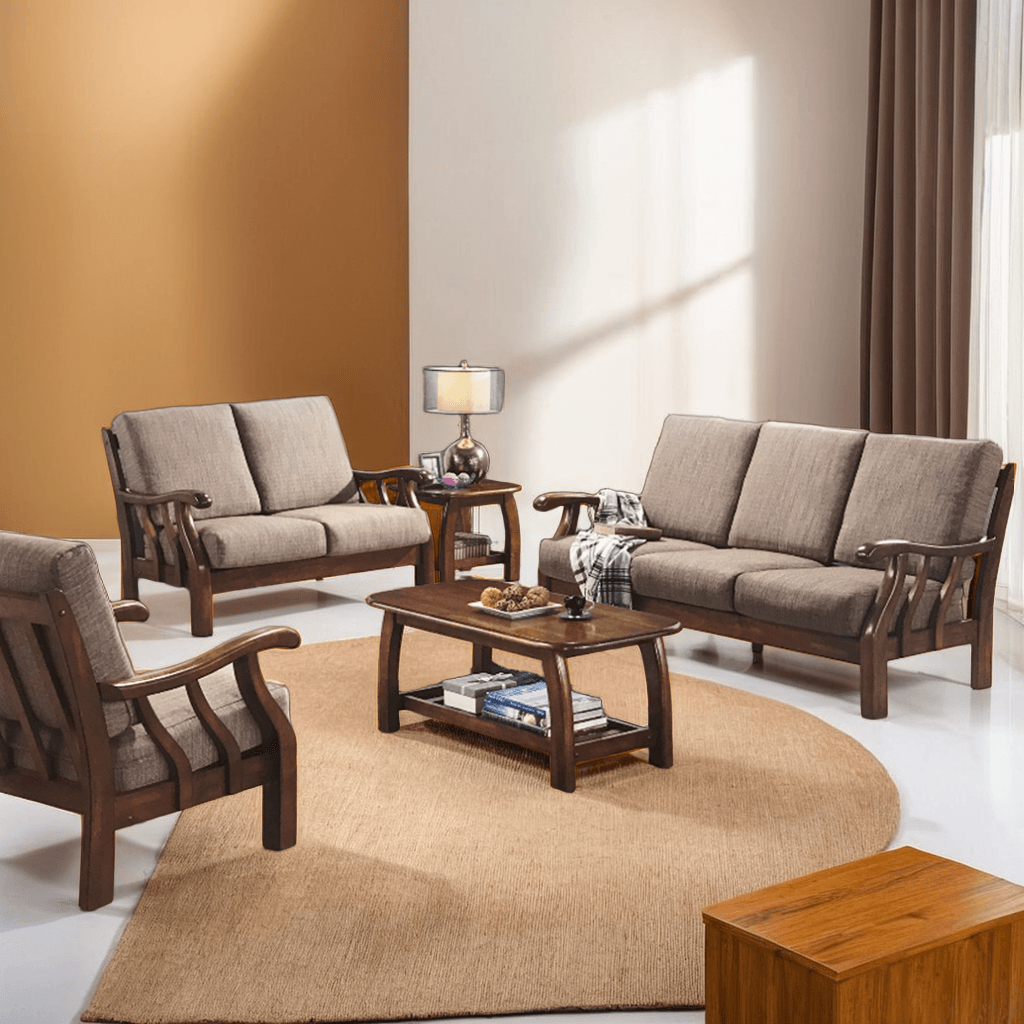 Percival Wooden Sofa – Scandinavian Rubberwood Sofa with Brown Fabric ...