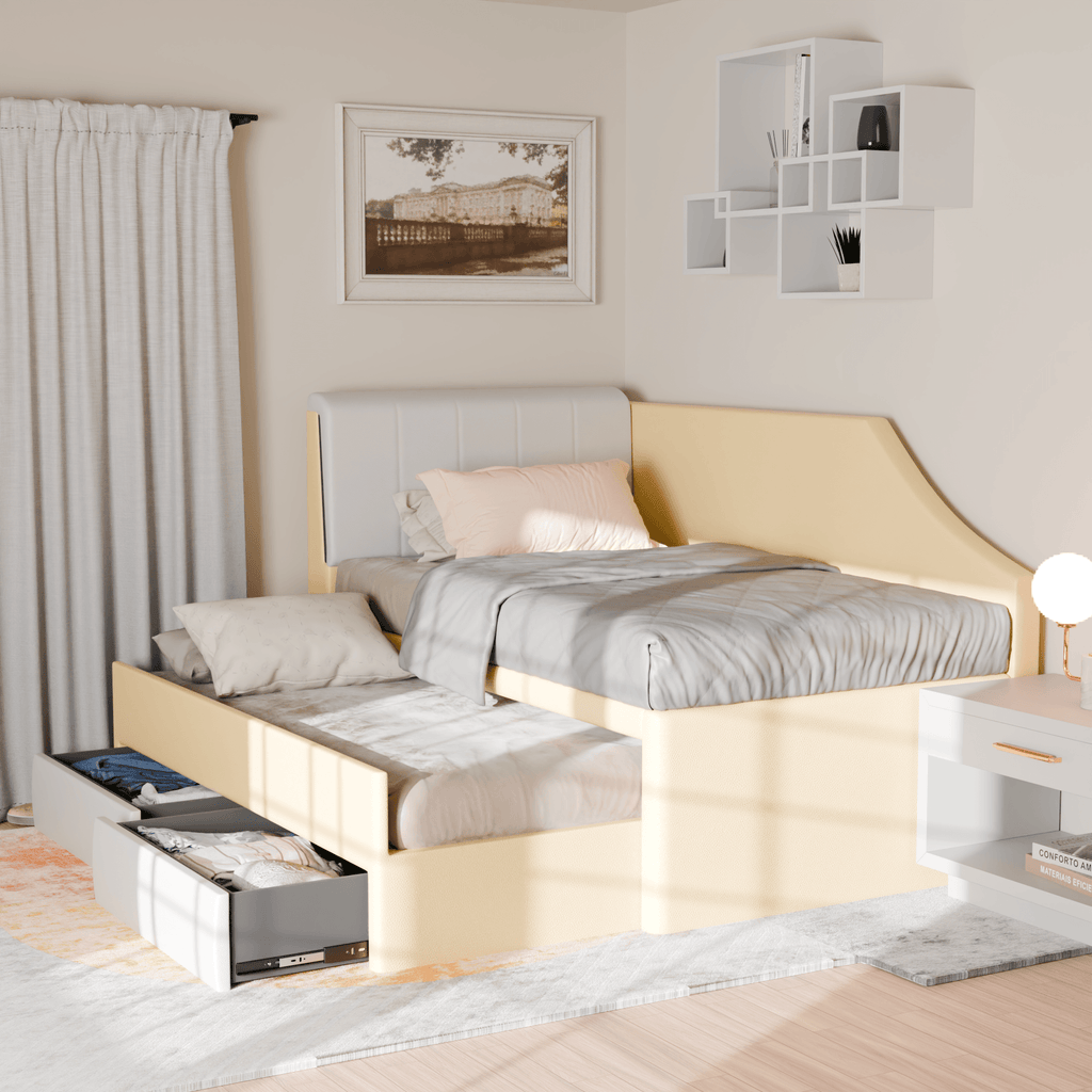 Quinslet Faux Leather Pull Out Bed with Drawer Storage – Megafurniture