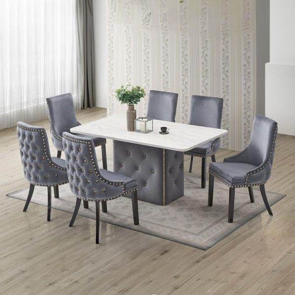 Samire Velvet Chesterfield Dining Set with Marble Top in Grey (1+6 ...