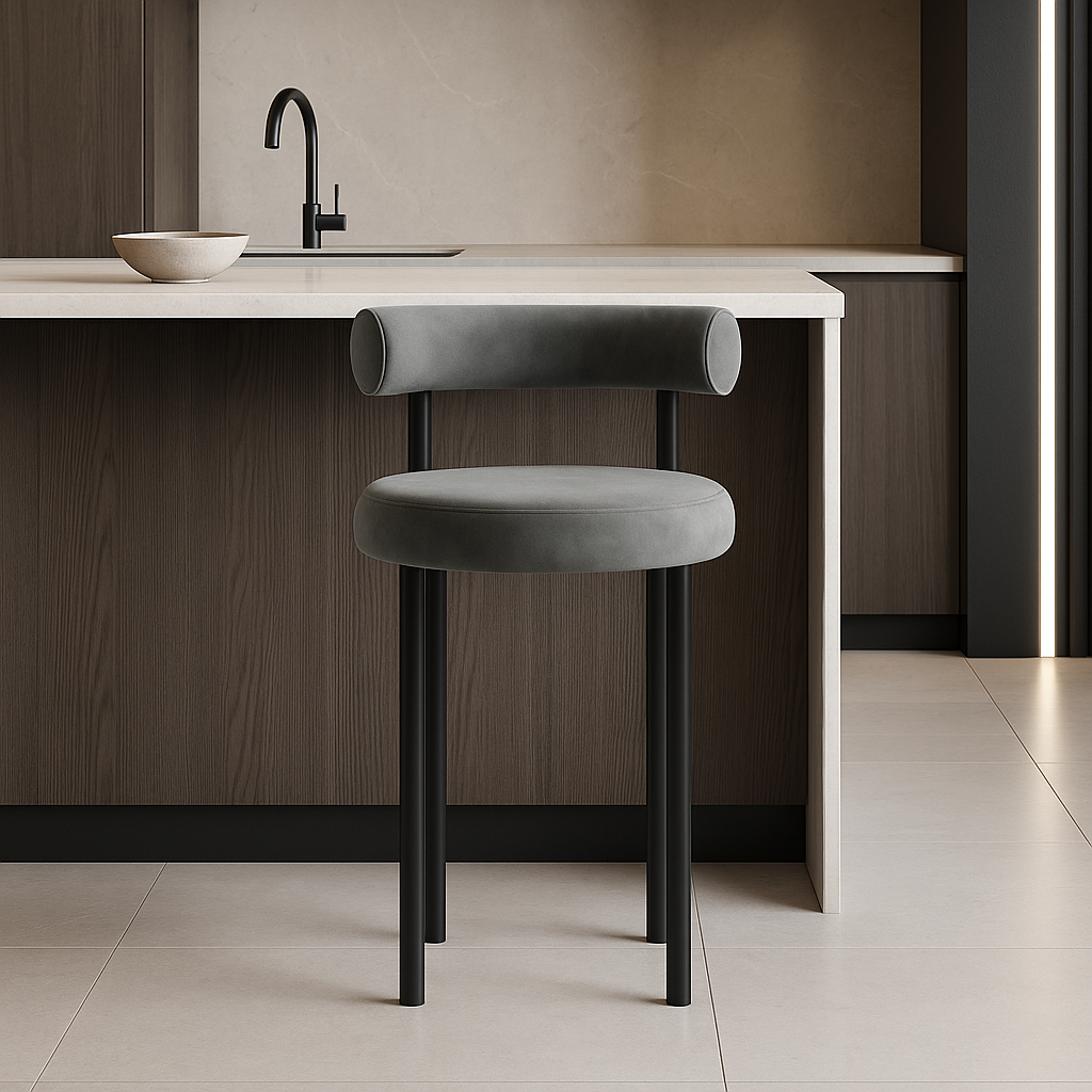 Felicity Grey Velvet Bar Chair - Black Metal Legs & Modern ...